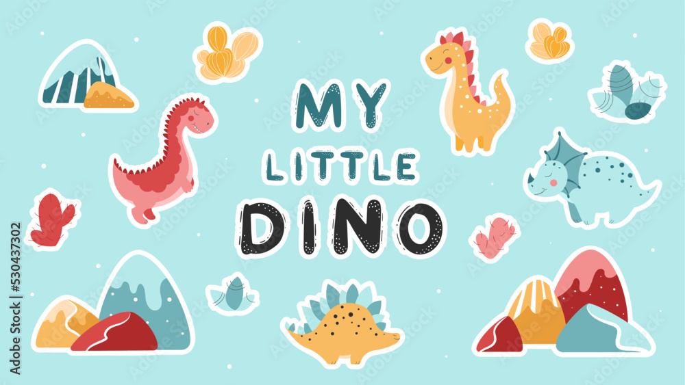 Set of stickers with cartoon dinosaurs, ready-made sticker pack with ...