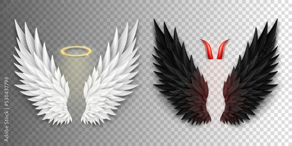 Poster 3D white angel wings with golden nimbus, halo and black devil wings with red daemon horns ...