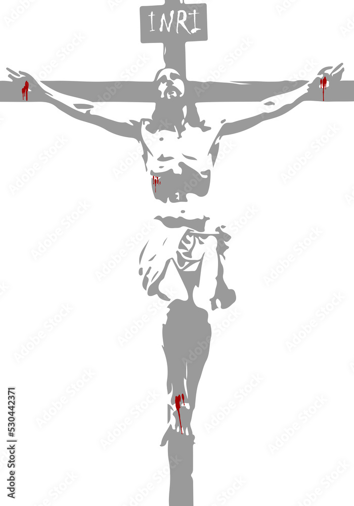 Jesus Christ crucified on the cross with streaks of blood on a white ...