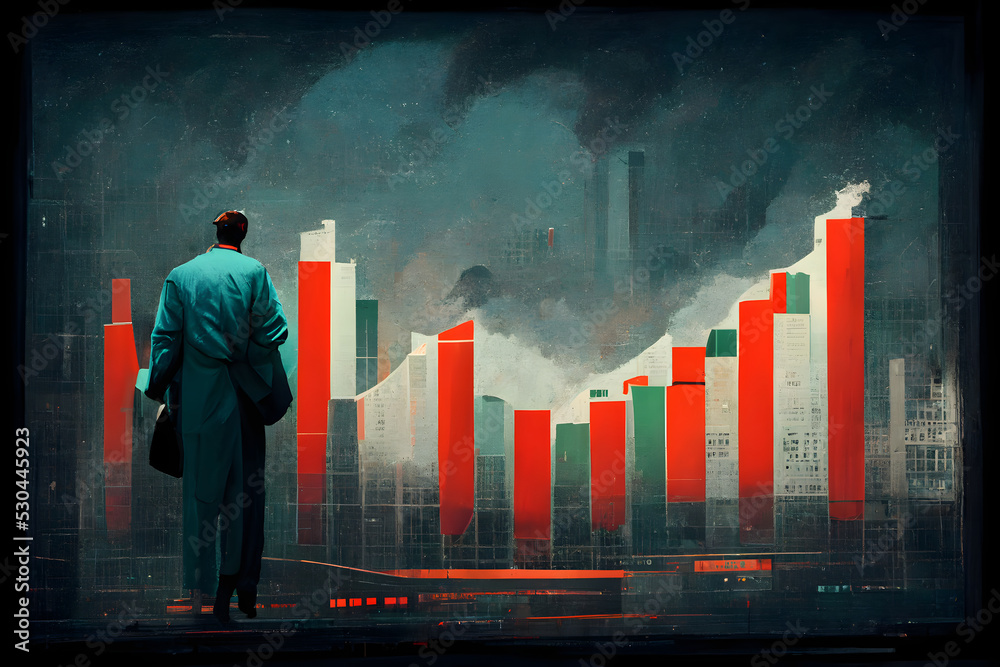 grotesque cartoon business man figure in front of bizarre styled charts ...