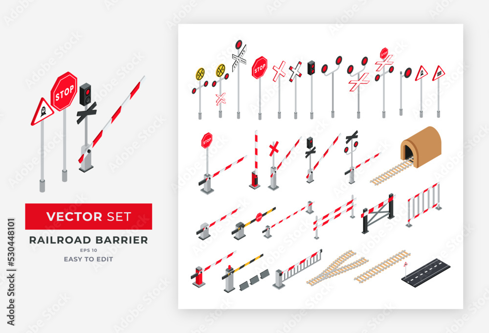 Railroad Barrier Isometric vector set elements. Collection of ...