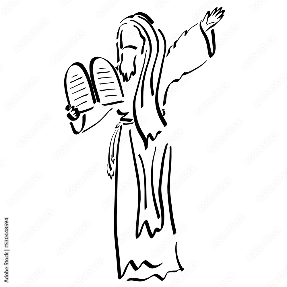 Moses holds in one hand the tablets with the ten commandments of God ...