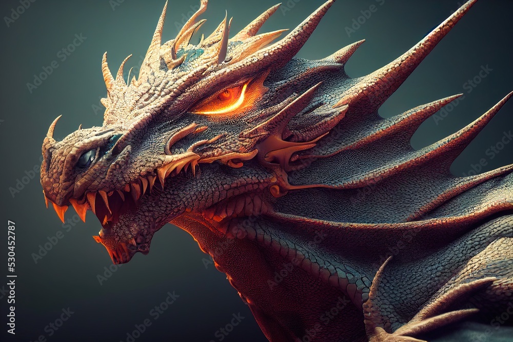 An ancient dragon with burning eyes. Portrait of a mysterious dragon ...