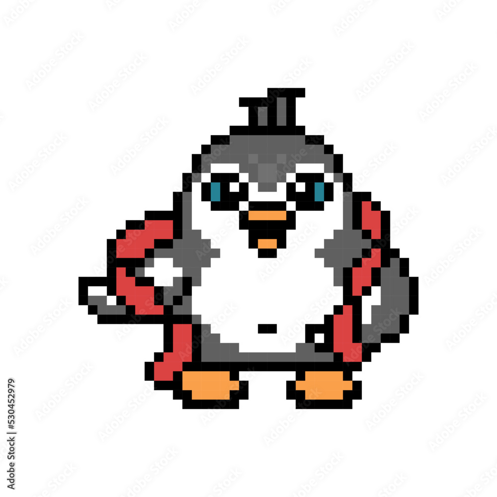Penguin wrapped in sausage string, pixel art animal character isolated ...