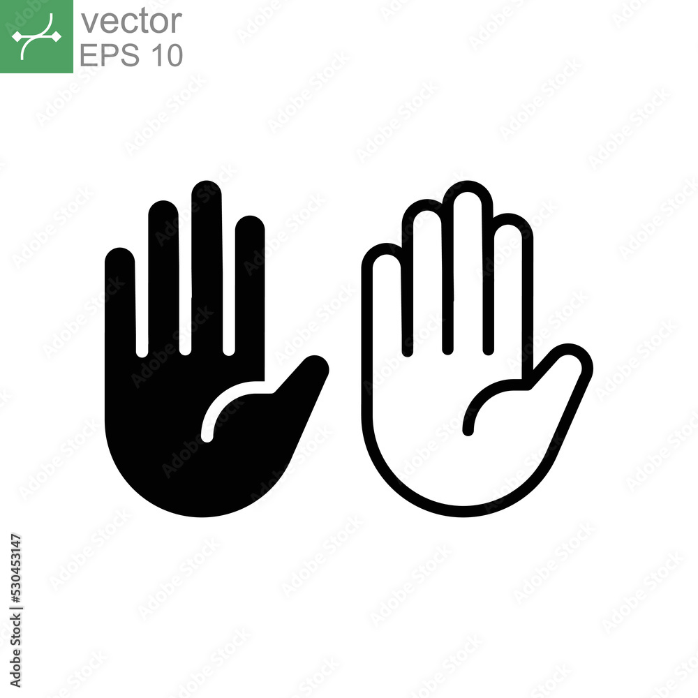 Hand line and glyph icon. Silhouette Hand palm stop sign. Five Fingers ...