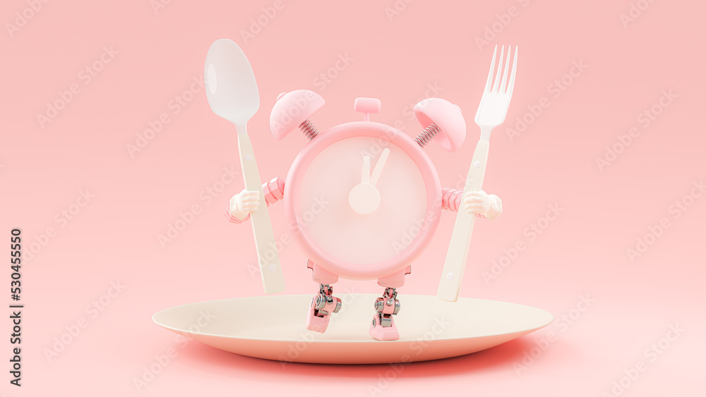 Pink alarm clock robot holding spoon and fork standing on cream color ...