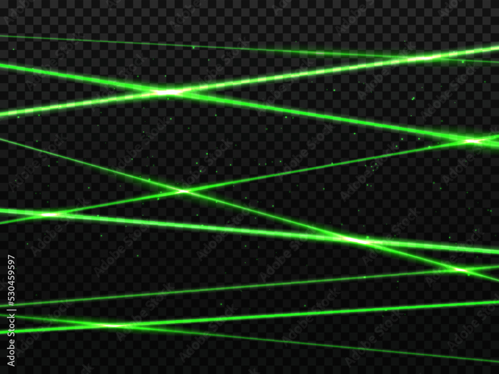 Green laser beam lights, background with neon glow lines on black ...