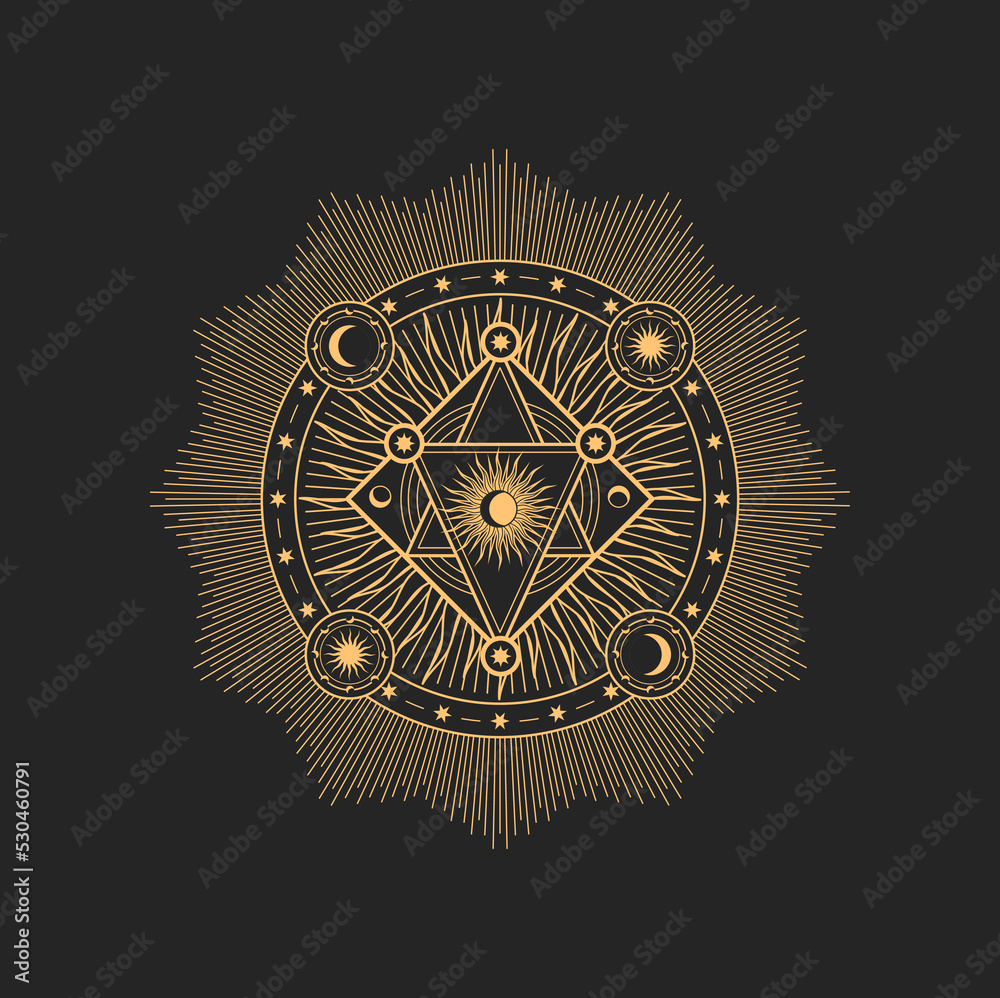 Vetor de Occult esoteric symbol, magic talisman with moon and star, sun ...