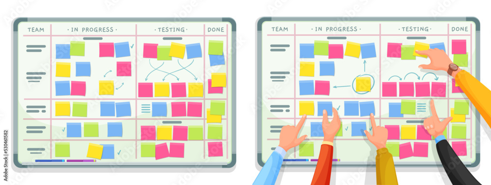 Scrum task board with business people hands, scrum methodology. Vector ...