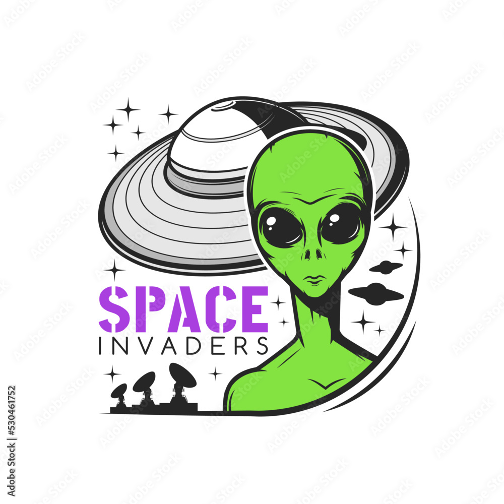 Space invaders icon with green alien creature and flying saucer ...