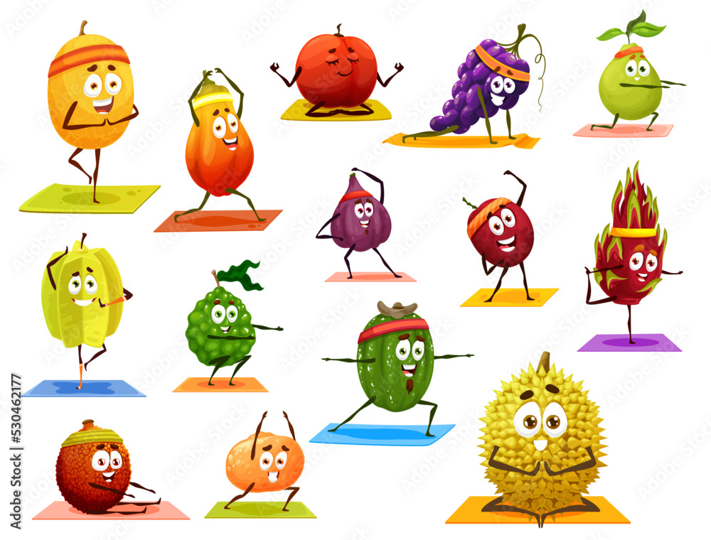 Cartoon isolated fruit characters on yoga, pilates fitness sport. Melon ...