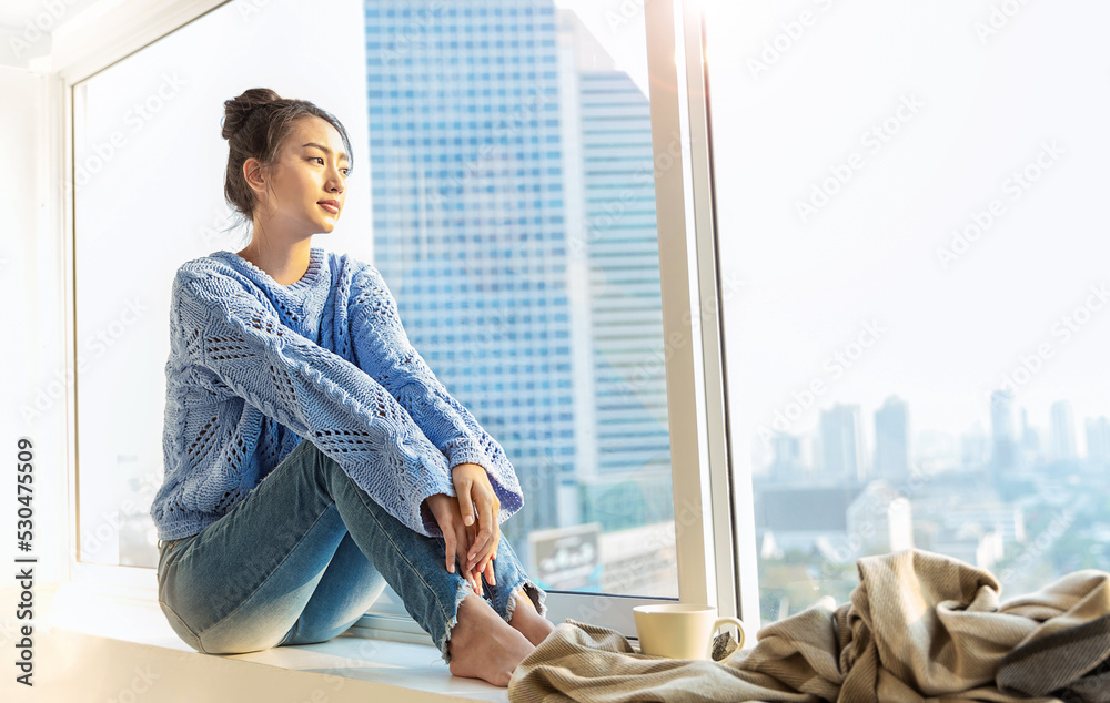 Portrait of beautiful asian woman feeling depress stressful in bedroom ...