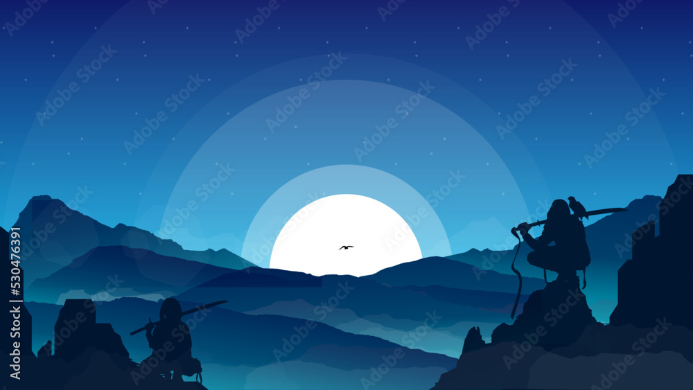 silhouette samurai in the night background. Japanese urban samurai with ...
