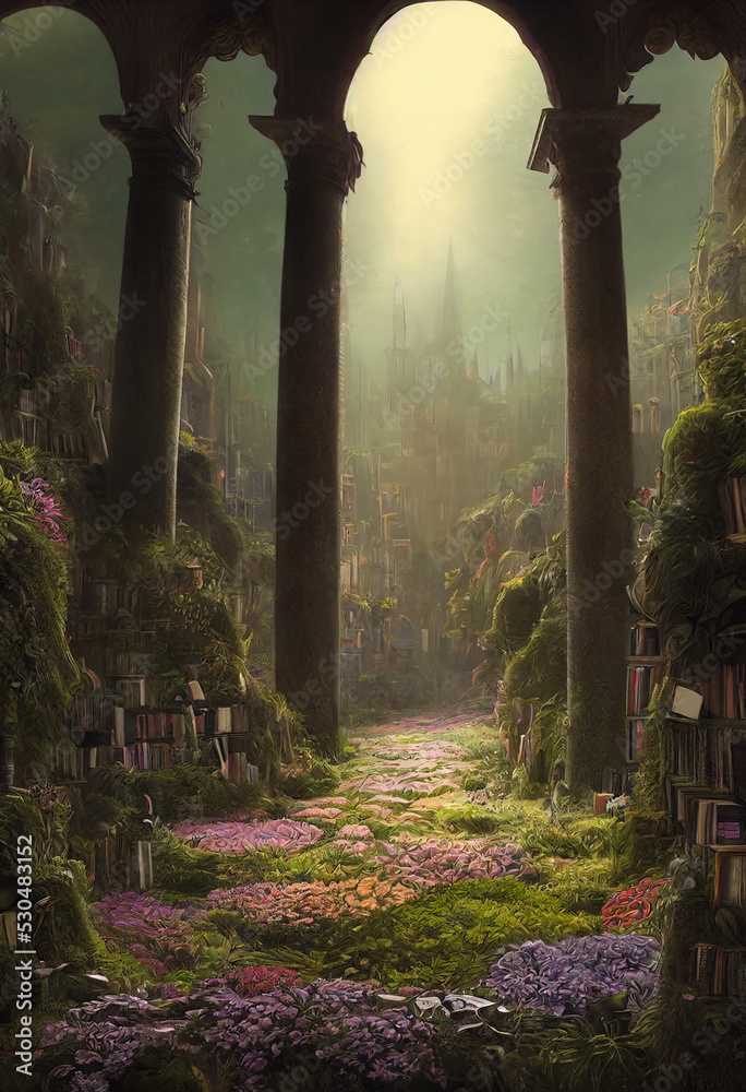 Overgrown fantasy gothic garden morphing into library, surreal, Fantasy ...