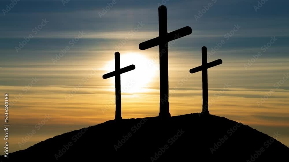 Crucifixion Scene with Three Cross on Hill, Time Lapse at Sunset Stock ...