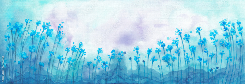 Bright teal blue floral mountain landscape. Blue Nature landscape ...