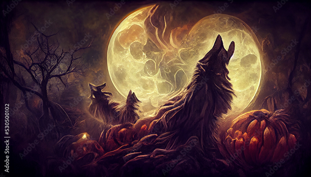 Horror digital art of a fantasy wolf howling at full moon. Stock Illustration | Adobe Stock