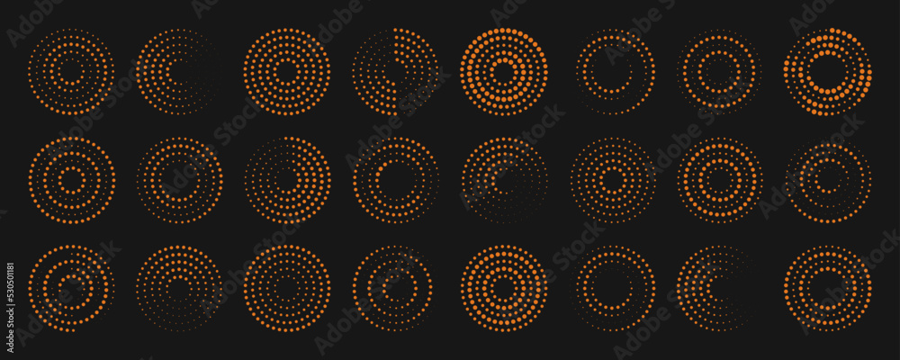 Dot circle pattern. Orange round halftone dot patterns. Spiral ...