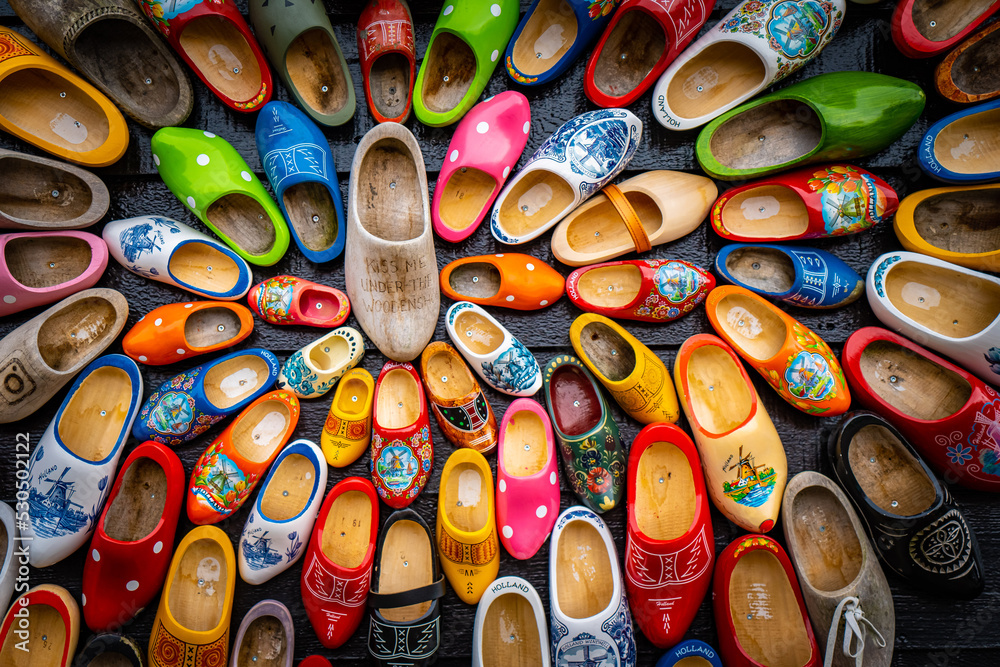 Clogs for sale at a Dutch retail shop. Wooden shoes are a well know ...