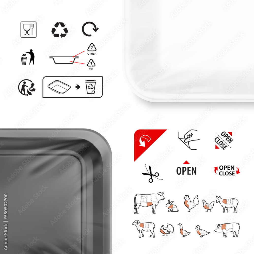 Tray container icons set. Vector illustration. Set for packs, shows the ...