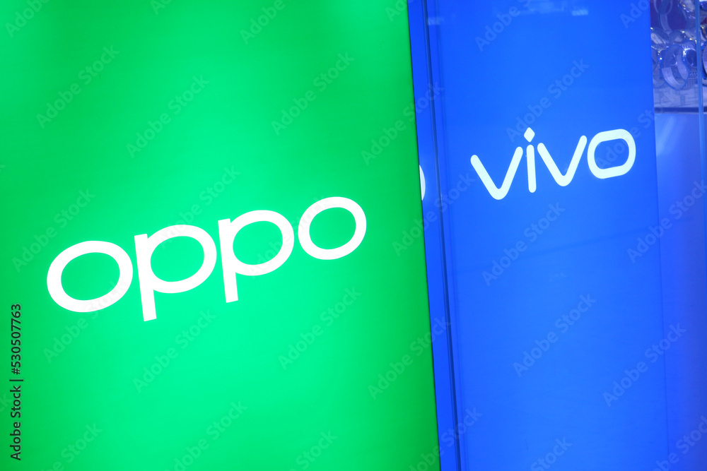 OPPO and VIVO logos on billboards in Tirupati, India, January 8, 2020 ...