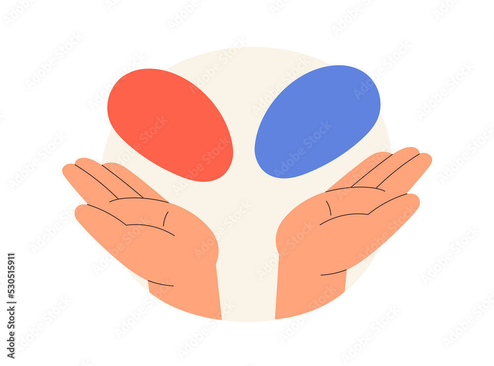 Decision, choice making, dilemma concept. Hands and two options ...