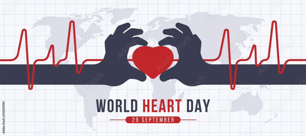 world heart day dark hands hold red heart sign with line heart wave ...
