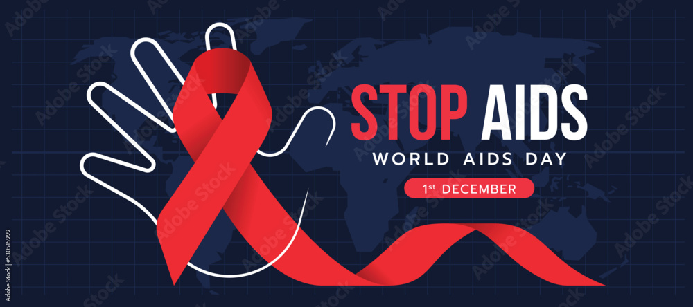 Stop aids, world aids day - red ribbon sign and white line stop hand ...