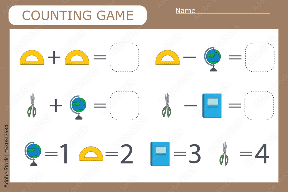 counting game with school supplies. Preschool worksheet, kids activity ...