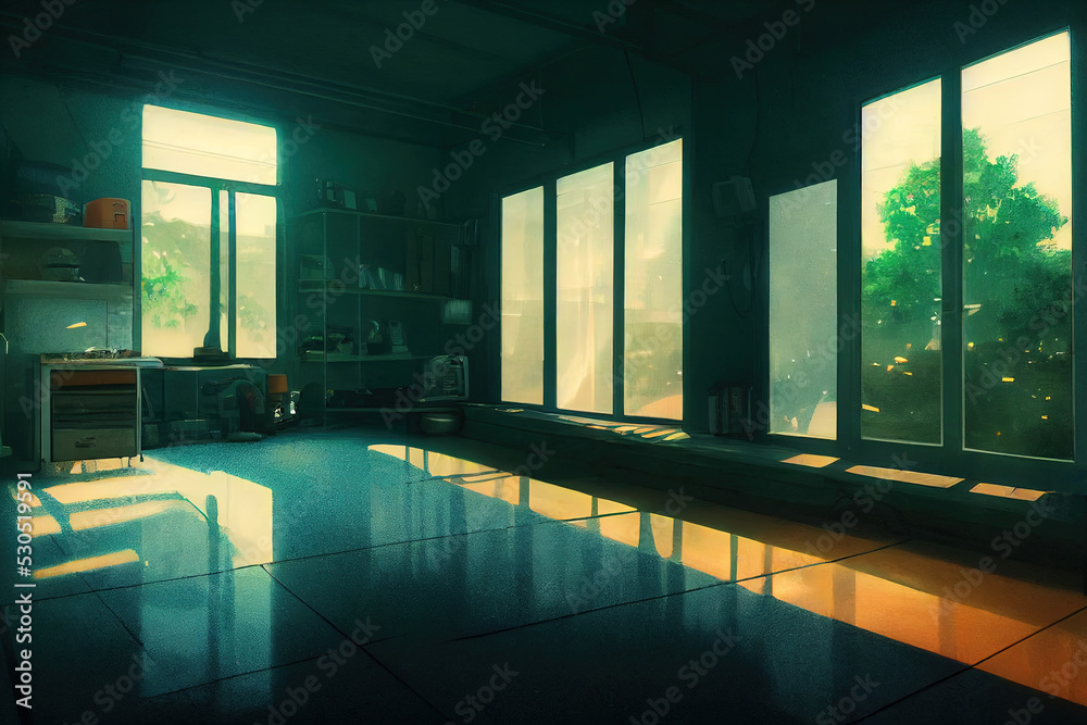 Warehouse Room Interior with Windows and Light Ray. Fantasy Backdrop ...