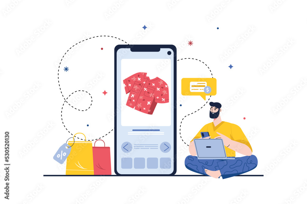 Online shopping concept with people scene in the flat cartoon design ...