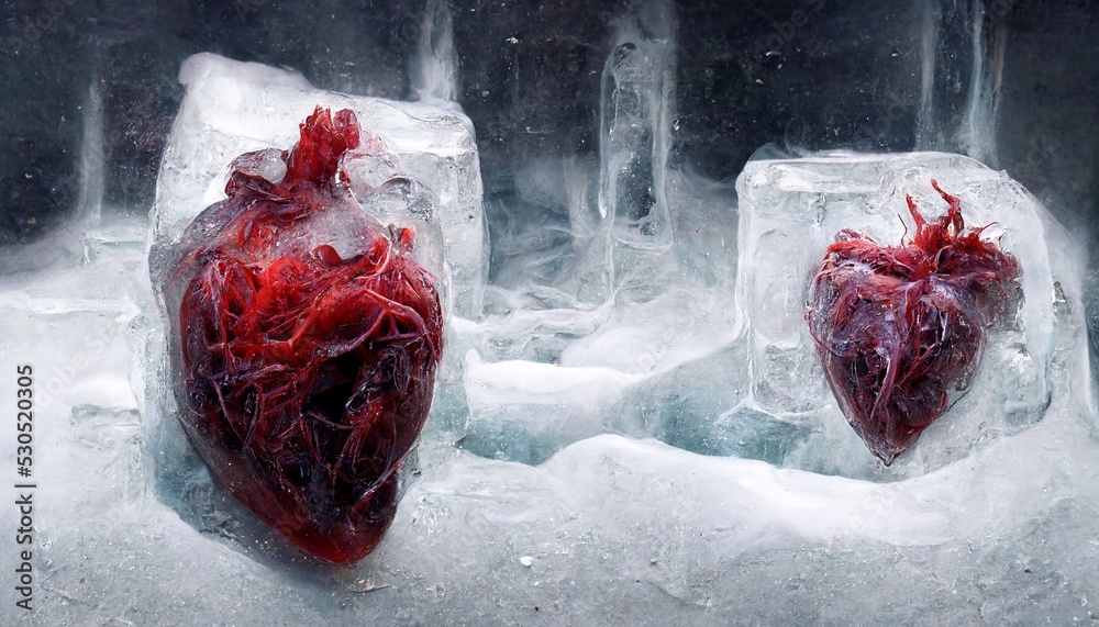 Two Human heart frozen in ice on display, medical mockup exhibition, 3d ...