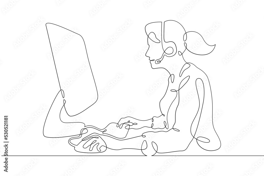 One continuous line.Call centre.Woman call center operator. Handling ...