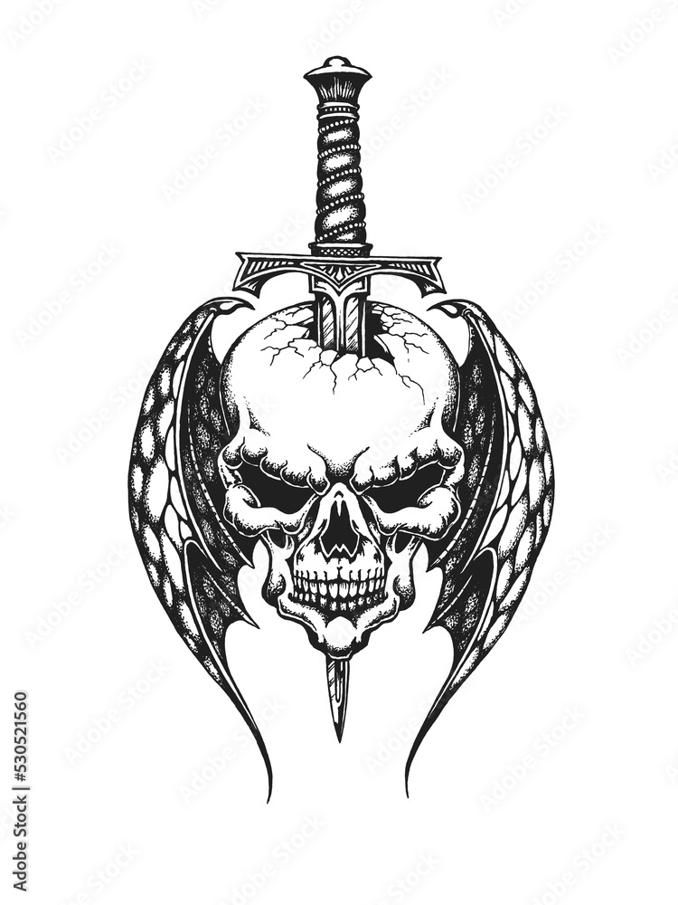 Winged Devil Skull Impaled on Dagger. Print or Tattoo Design. Vintage ...