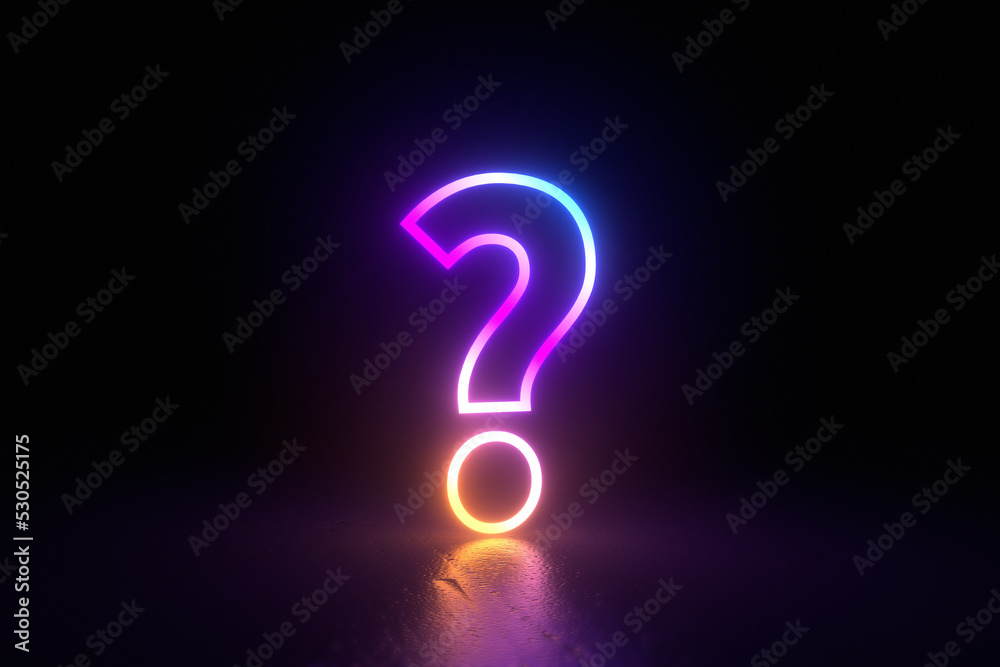 Question mark character neon light black background isolated reflection ...