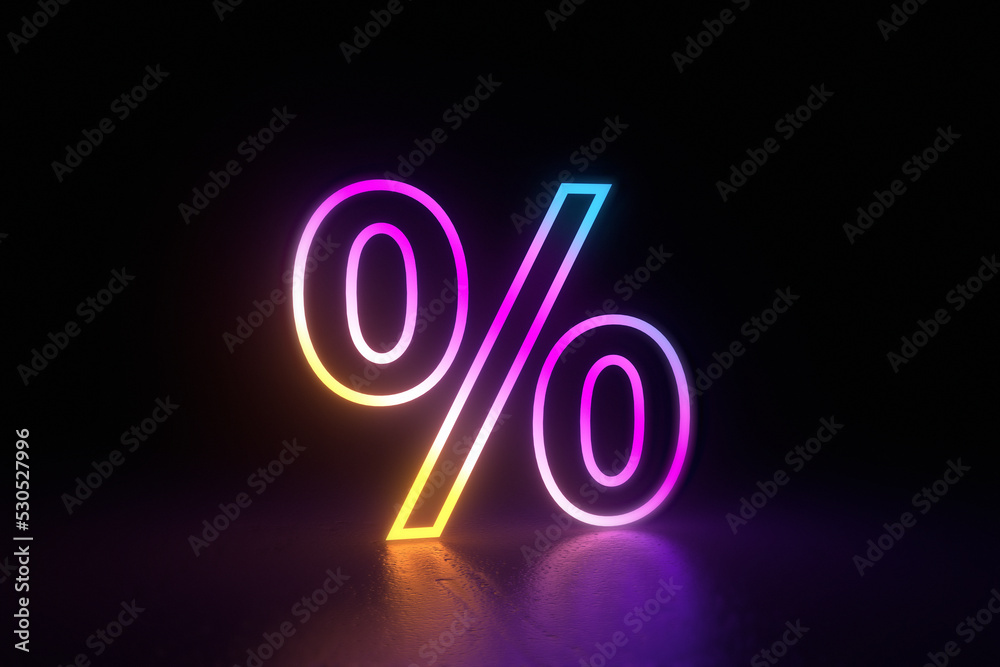 Percent percentage mark symbol character neon light black background ...
