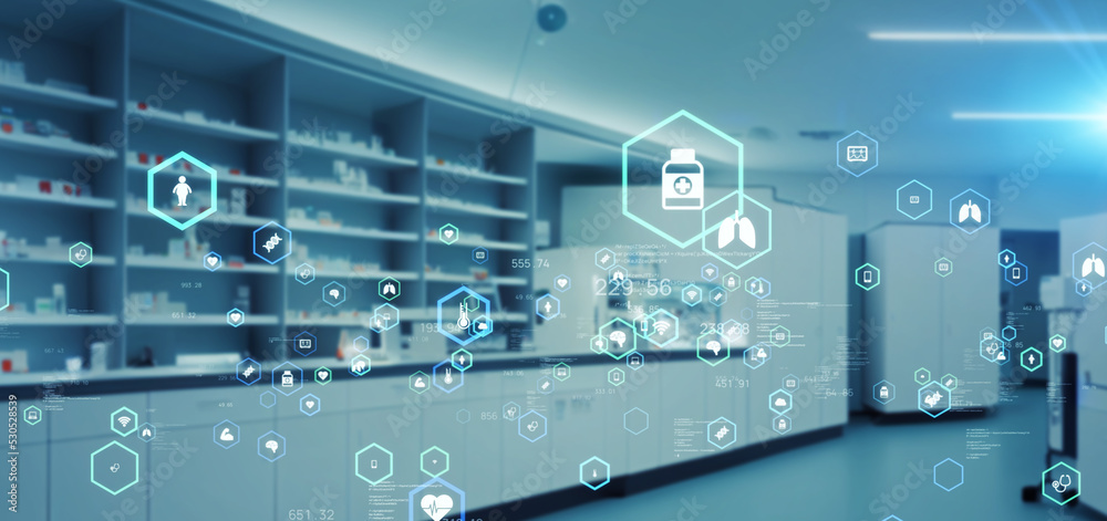 pharmacy and technology. Wide image for banners, advertisements. Stock ...