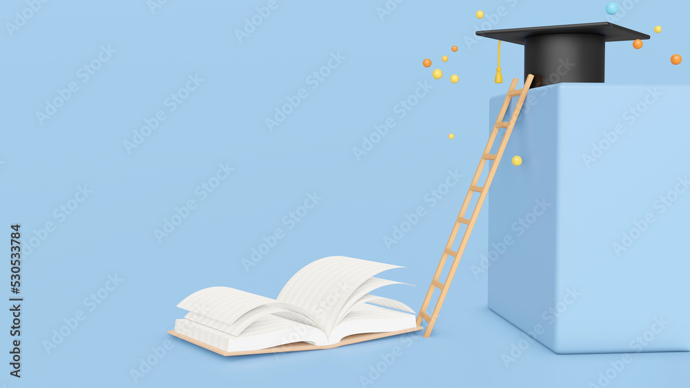 3d of hat, book on blue background. Modern flat design isometric ...