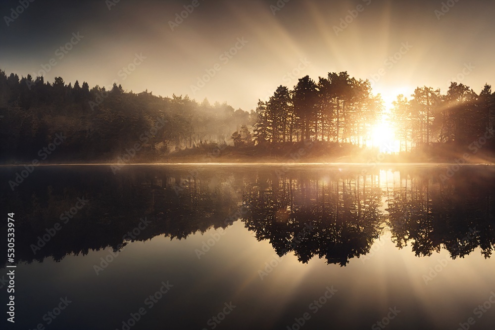 sunrise over the lake Stock Illustration | Adobe Stock