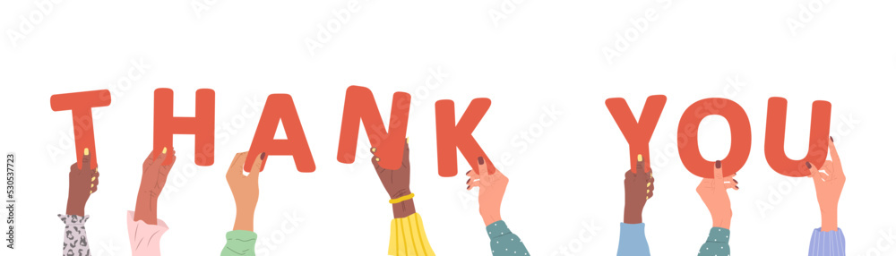 Group of different female hands holding red word Thank you. Diverse ...