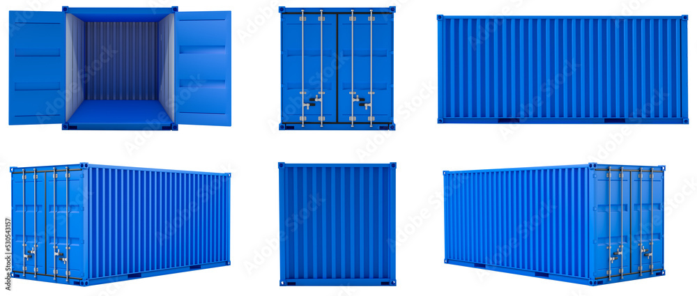 Set of cargo containers of blue color. Front view, back side and ...