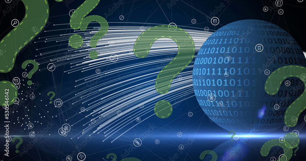 Image of data processing over globe and question marks Stock ...
