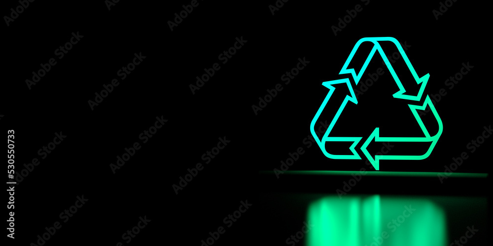 Waste recycling symbol, icon sign with copy space. Neon green glowing ...