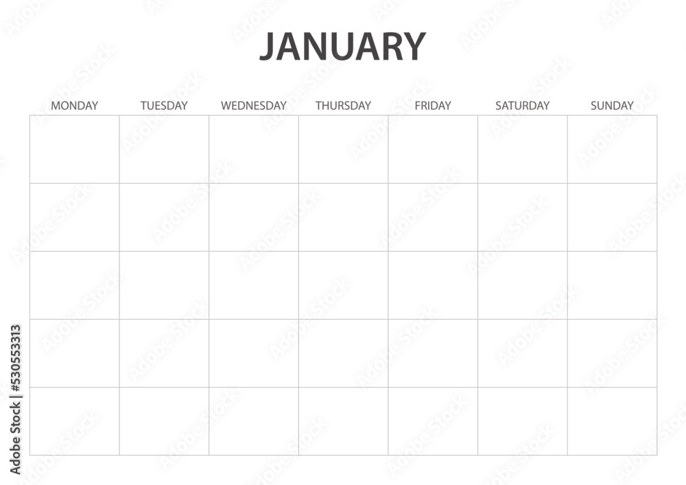 January Monthly Blank Calendar printable Stock Vector | Adobe Stock