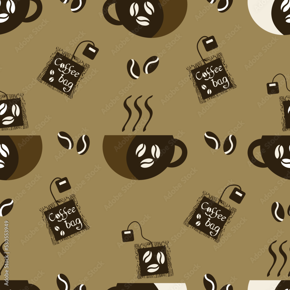 Coffee bag and cups vector seamless pattern background. Brown backdrop ...