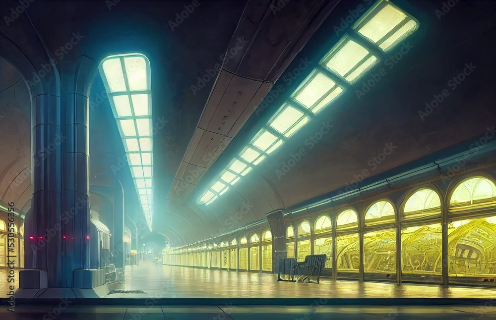 Light and clean futuristic subway station with glowing neon lights ...