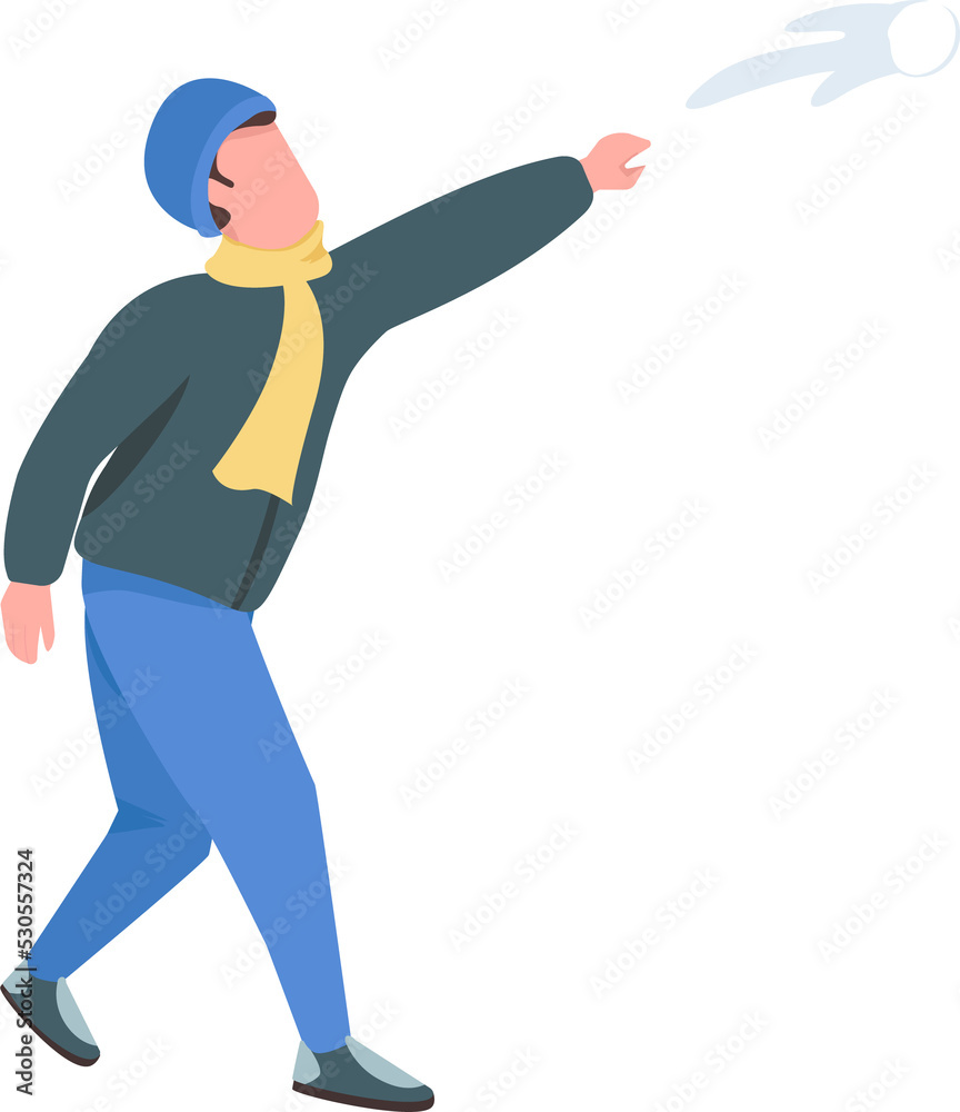 Man throwing snowball semi flat color raster character. Playful figure ...