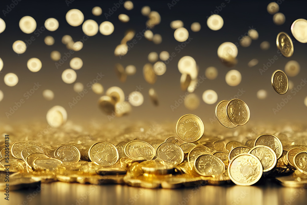 Falling golden coins. 3d black background. Business concept for ...