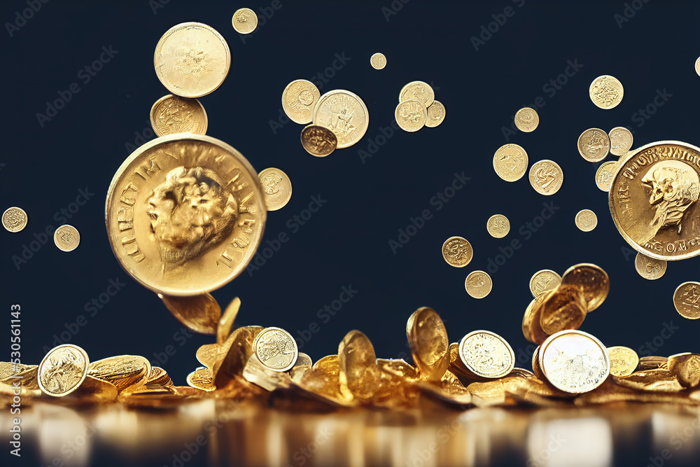 Falling golden coins. 3d black background. Business concept for ...