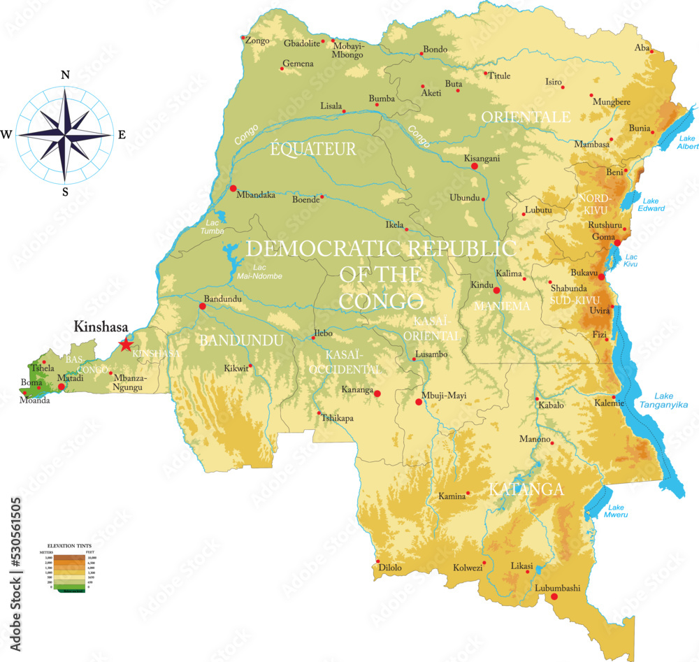 Vetor de D.R. Congo highly detailed physical map do Stock | Adobe Stock